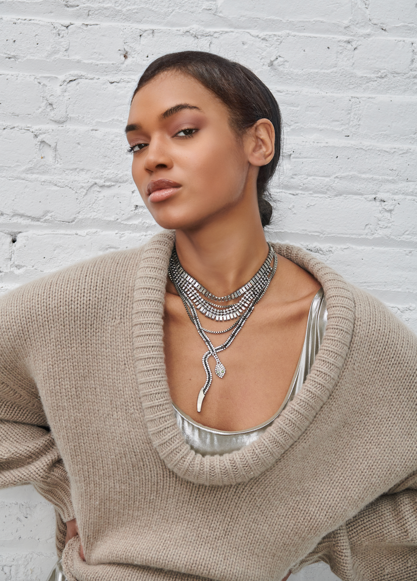 Luxury Statement Necklace | Oxidized Brass Silver Finish & Layers of Swarovski Crystals | Snake ...